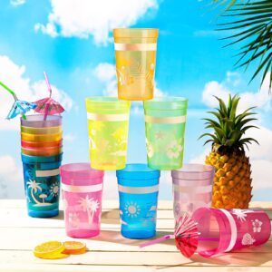 100 Pcs 12 Oz Hawaiian Luau Plastic Party Cups 100 Pcs 9.45 Inch Umbrella Parasol Drinking Straws Umbrella Straws for Cocktail Juice Milkshake Beach Hawaiian Party Luau Summer Decorations Supplies