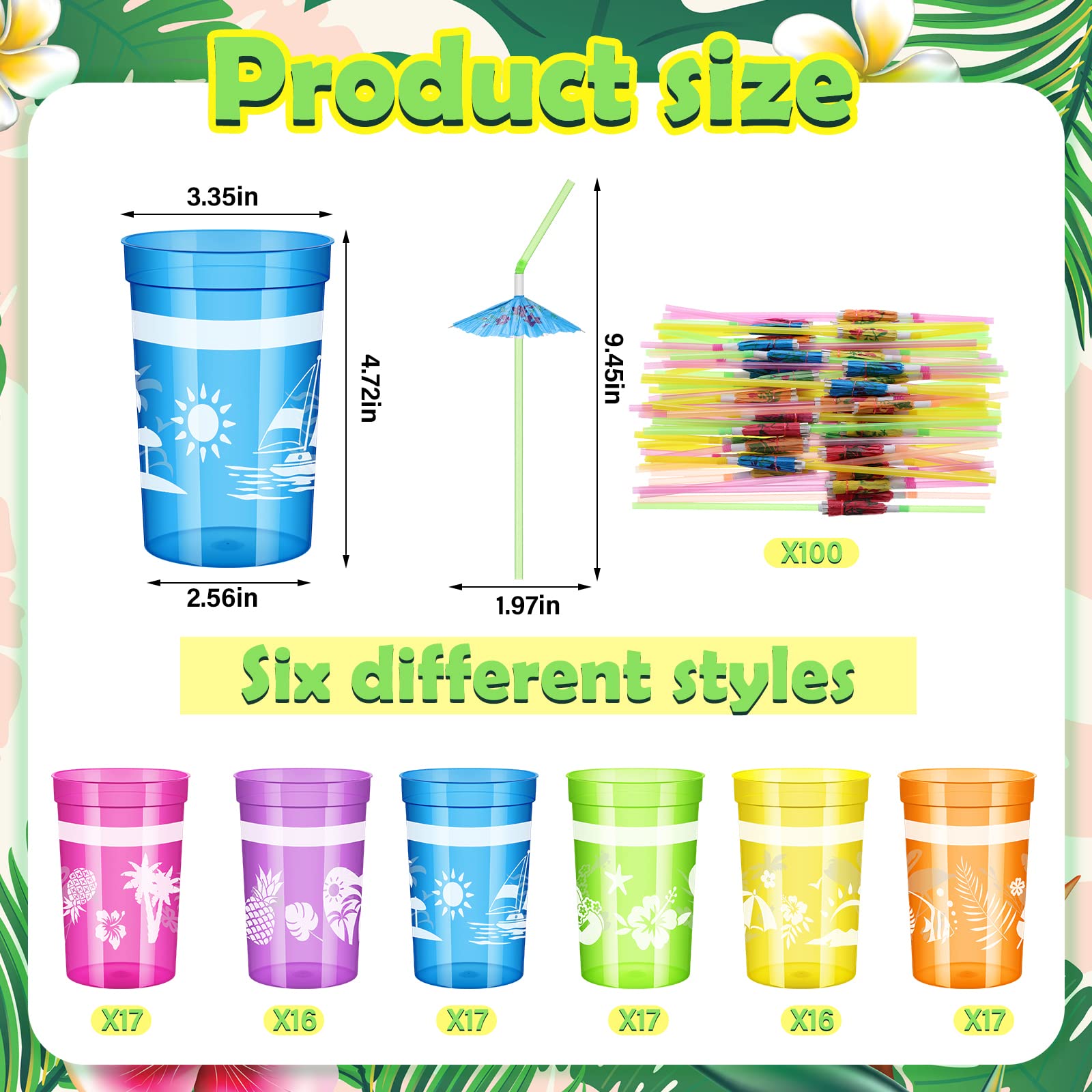 100 Pcs 12 Oz Hawaiian Luau Plastic Party Cups 100 Pcs 9.45 Inch Umbrella Parasol Drinking Straws Umbrella Straws for Cocktail Juice Milkshake Beach Hawaiian Party Luau Summer Decorations Supplies