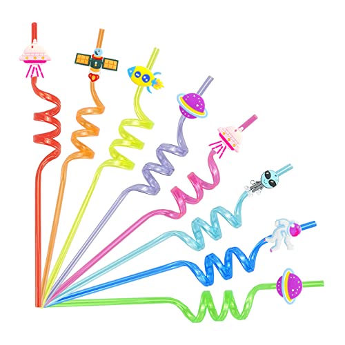 24 PC Outer Space Straws Party Favors, Reusable Plastic Straws for Birthday Party Decorations Include Solar System Astronaut Rocket Spaceship Satellite Planet Straws with 2 PC Clean Brushes