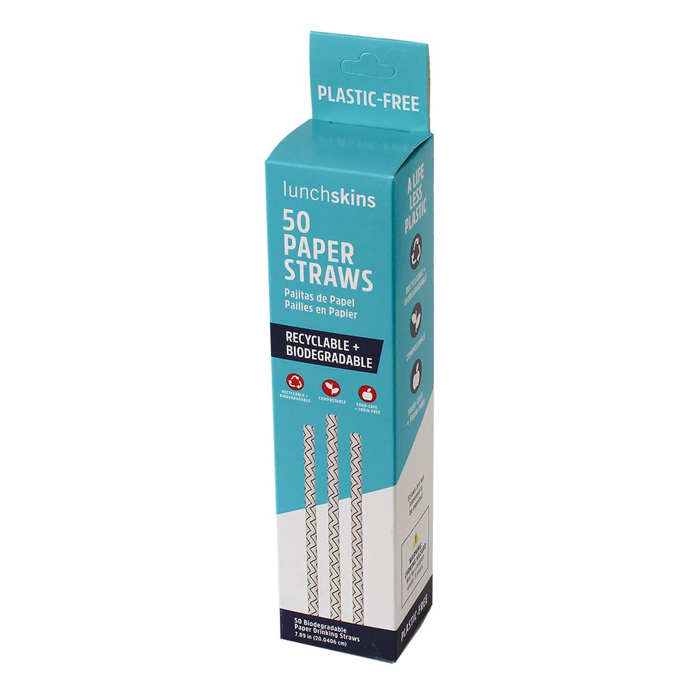 Lunchskins 50-Pack Chevron Blue Long-Lasting Biodegradable Paper Straws â€“ Odor + Taste-Free - Eco- Friendly Straws for water, Juice, Soda, Cocktails, Shakes, Smoothies and more