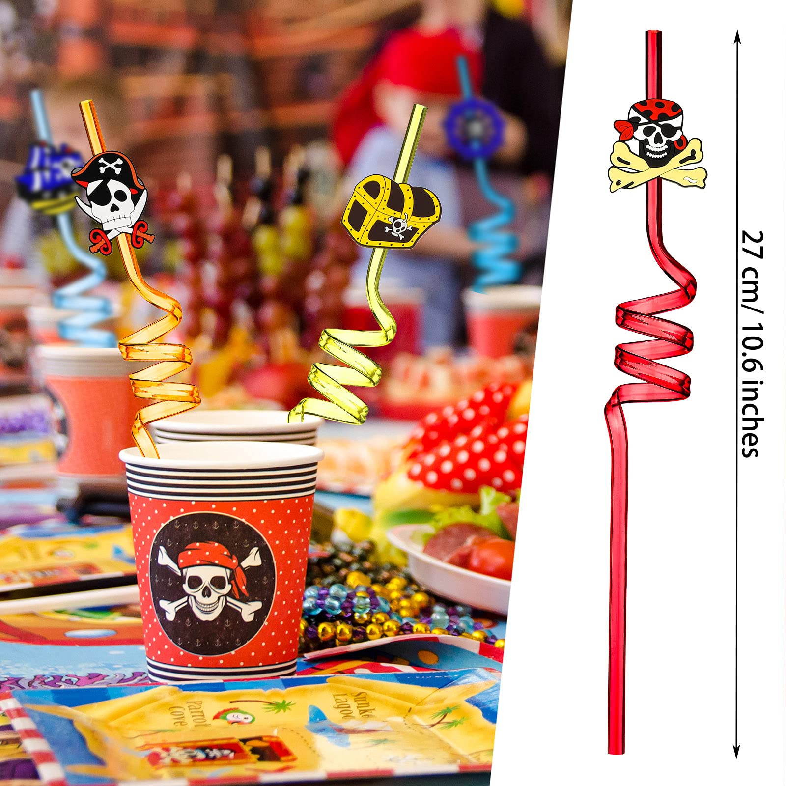 24 Pieces Pirate Party Favors Pirate Straws Plastic Reusable Pirate Straws for Halloween Pirate Birthday Party, 8 Styles