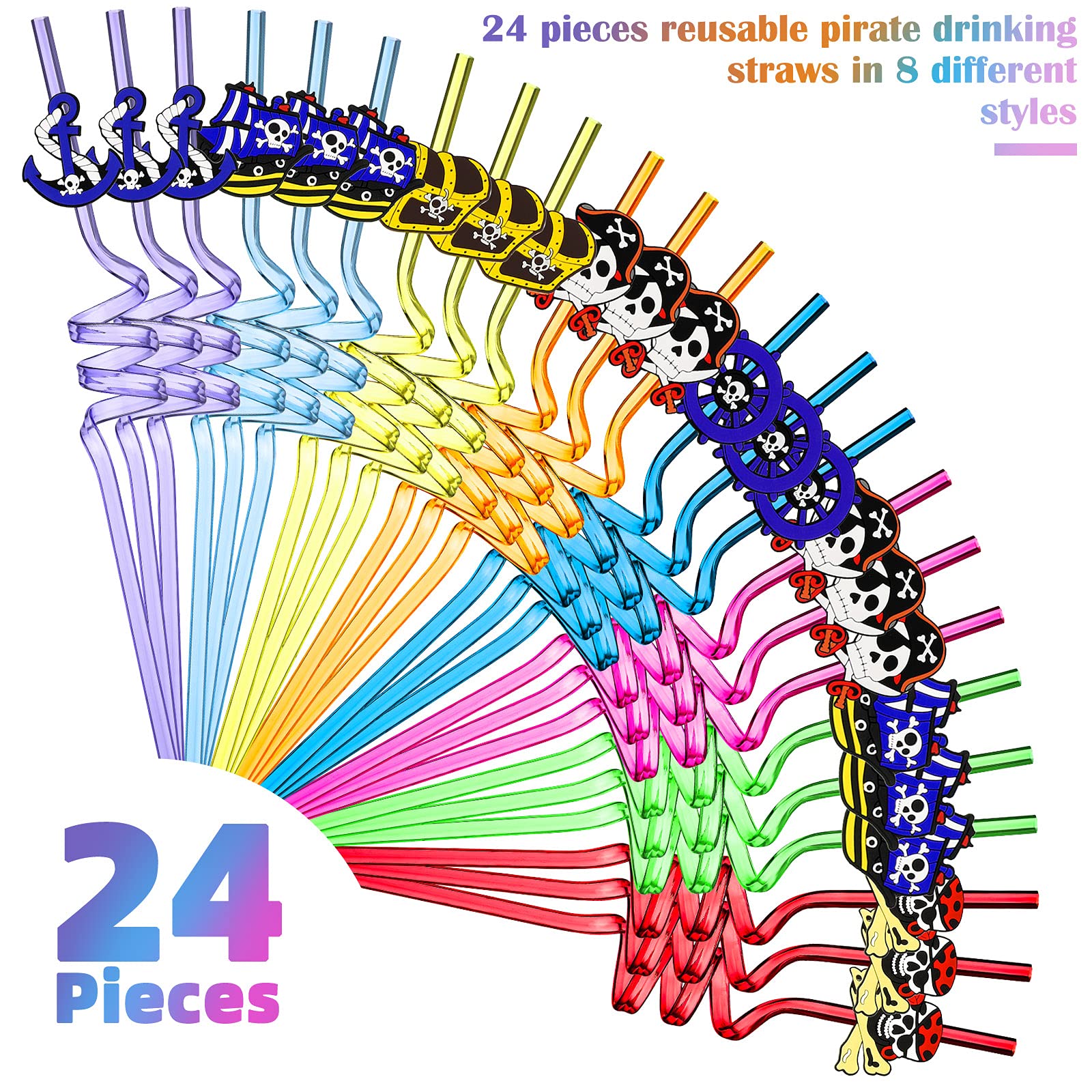 24 Pieces Pirate Party Favors Pirate Straws Plastic Reusable Pirate Straws for Halloween Pirate Birthday Party, 8 Styles