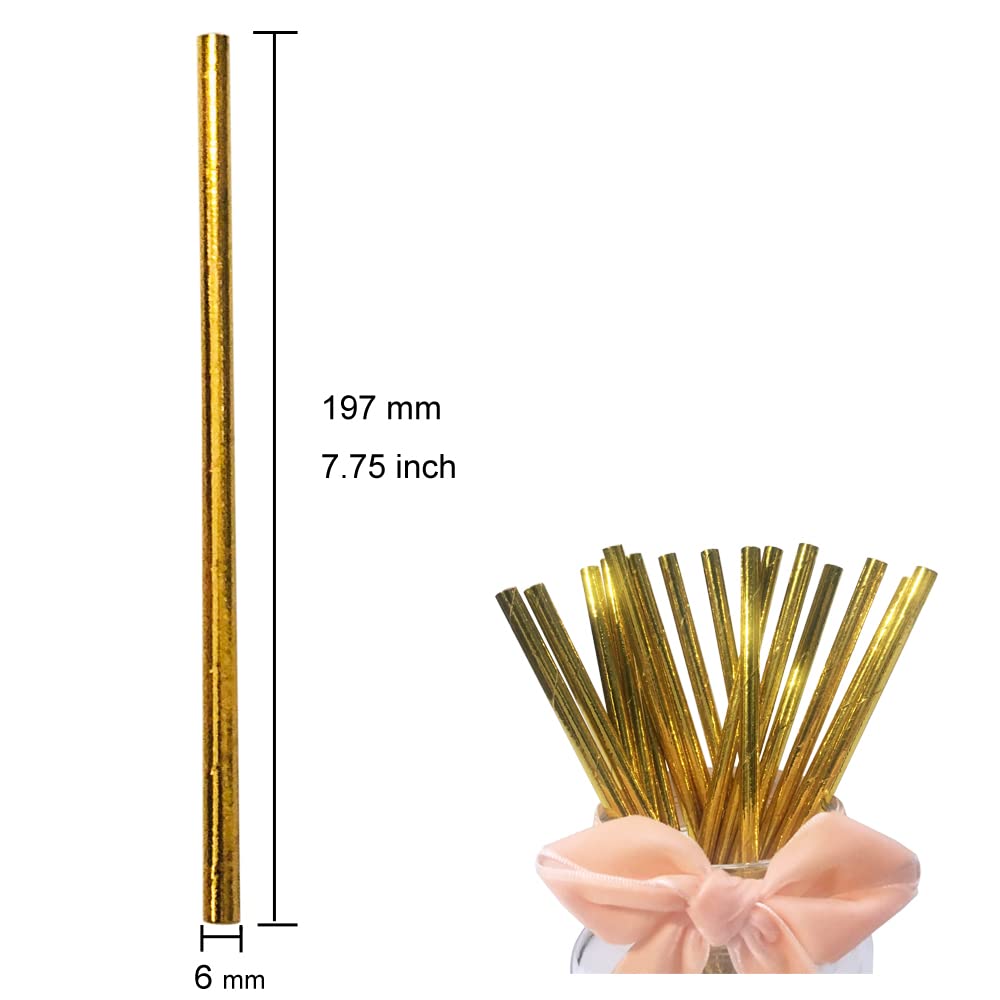 100Pack Gold Foil Paper Straws, Disposable Metallic Gold Drinking Straw Biodegradable Cocktail Straws for Birthday, Wedding, Party Supplies, 6*197 mm