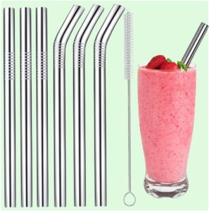 vannise jumbo smoothie straws stainless steel, set of 7 metal milkshake straws 0.4" wide 10.5" long straws, long lasting & food grade, metal straws reusable for smoothie, milkshake, beverage