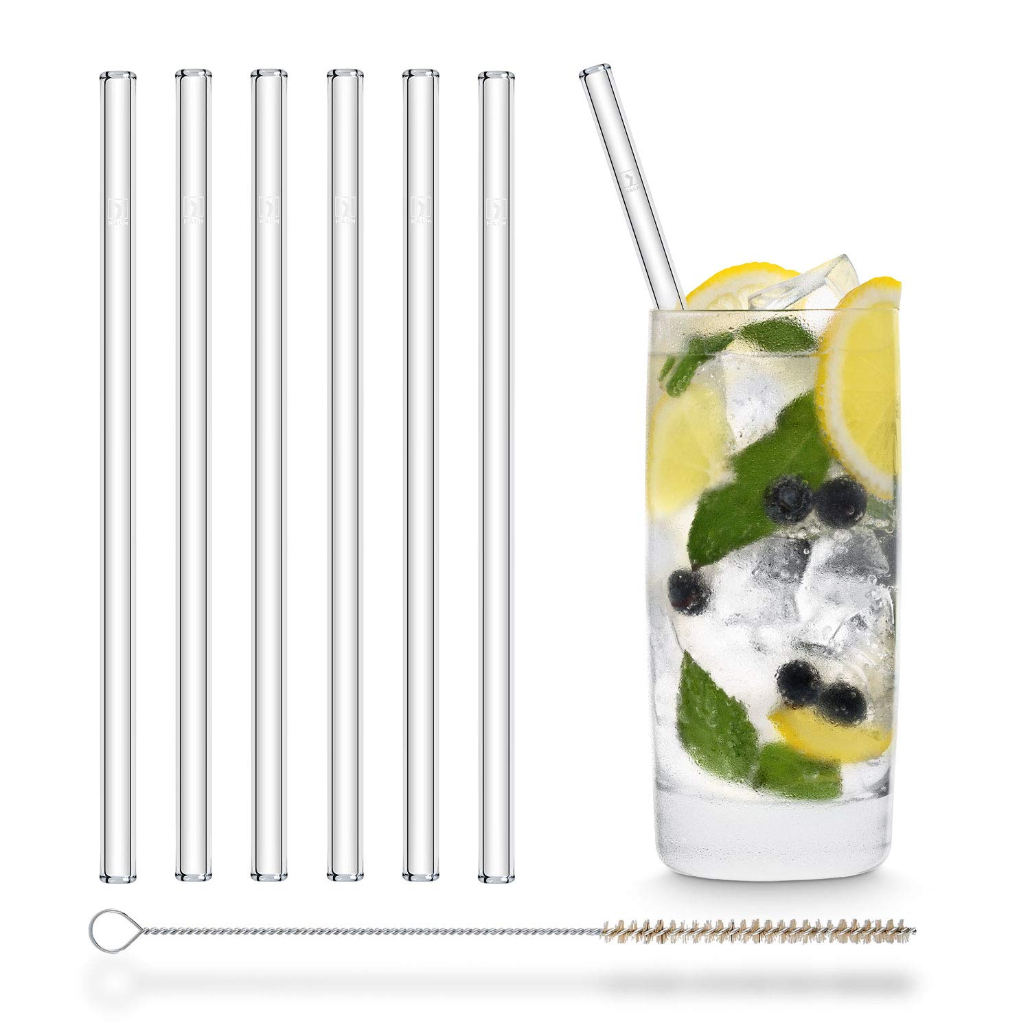 Halm Glass Straws - 6x Reusable 8 inch Drinking Straws clear + Plastic-Free Cleaning Brush - Made in Germany - Dishwasher Safe - Straight - Perfect for Smoothies, Cocktails