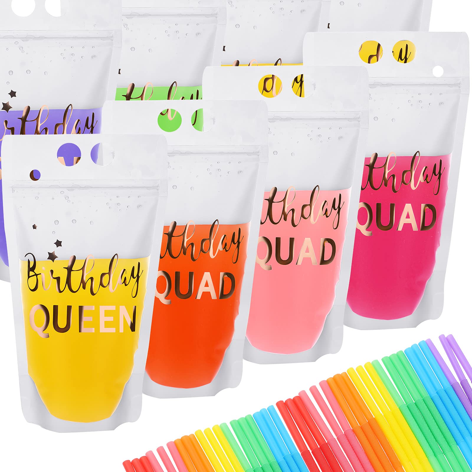 20 Pieces Birthday Squad Drink Pouch Bag with Straw Birthday Queen Heavy Duty Hand-Held Translucent Reclosable Zipper Smoothie Juice Pouches Stand-up Plastic Pouches for Birthday Party Adults