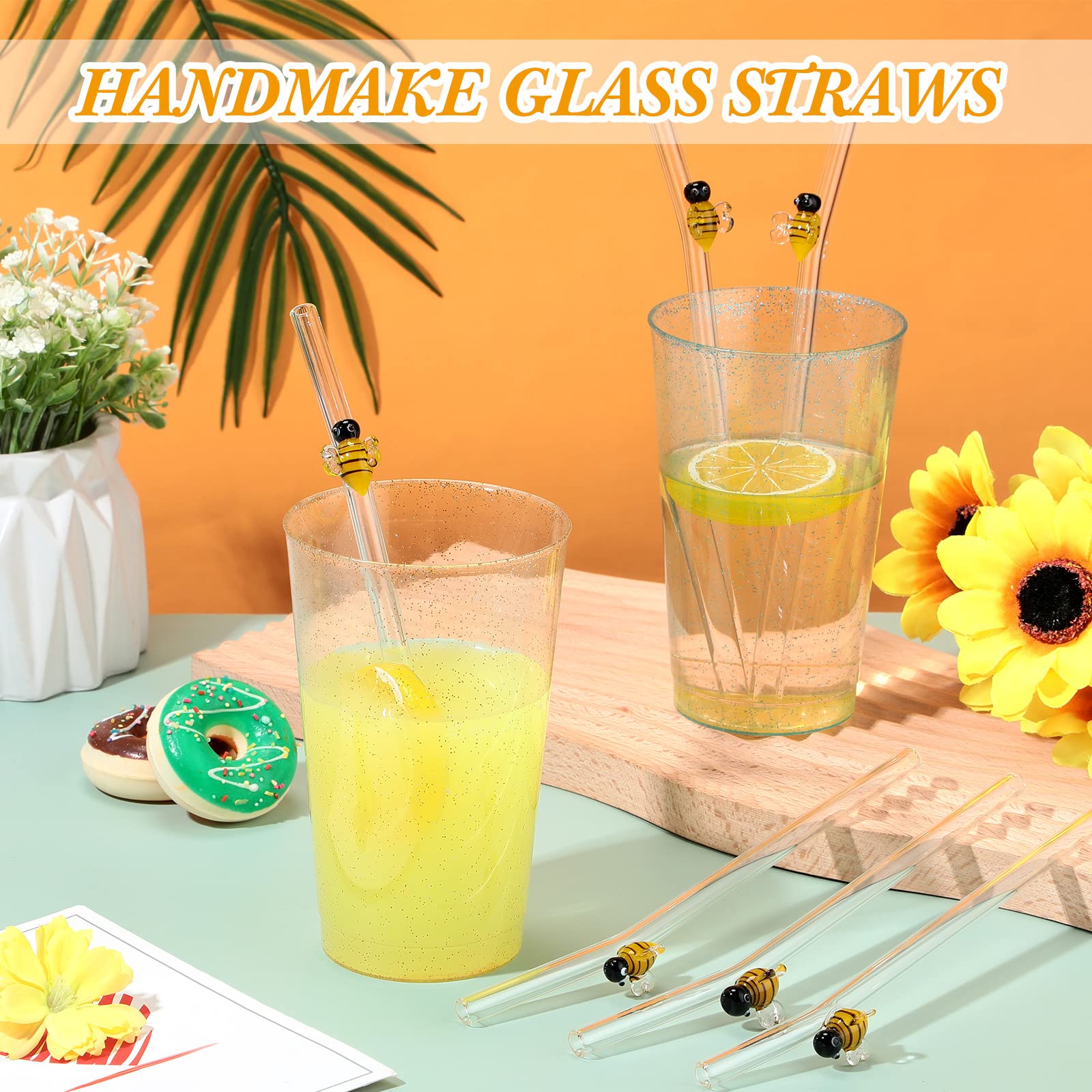 6 Pcs Reusable Glass Straws, Cute Bee on Clear Straws with Design 7.9 In x 8 Mm Colorful Shatter Resistant Bent Drinking Straws for Beverages, Shakes, Juices Suitable for Smoothies, Cocktails