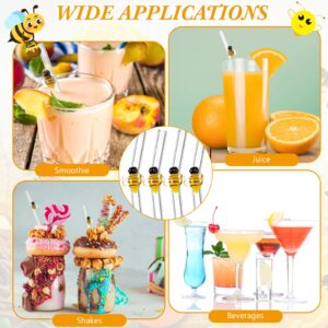 6 Pcs Reusable Glass Straws, Cute Bee on Clear Straws with Design 7.9 In x 8 Mm Colorful Shatter Resistant Bent Drinking Straws for Beverages, Shakes, Juices Suitable for Smoothies, Cocktails