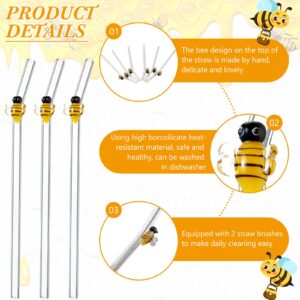 6 Pcs Reusable Glass Straws, Cute Bee on Clear Straws with Design 7.9 In x 8 Mm Colorful Shatter Resistant Bent Drinking Straws for Beverages, Shakes, Juices Suitable for Smoothies, Cocktails