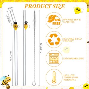 6 Pcs Reusable Glass Straws, Cute Bee on Clear Straws with Design 7.9 In x 8 Mm Colorful Shatter Resistant Bent Drinking Straws for Beverages, Shakes, Juices Suitable for Smoothies, Cocktails