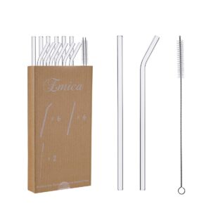 Emica 10"x10mm Long Reusable Glass Straws, Clear Drinking Straws for Smoothie, Milkshakes, Tea, Juice-12 Pack Including 6 Straight and 6 Bent with 2 Cleaning Brush, Perfect for Hot or Cold Drinks