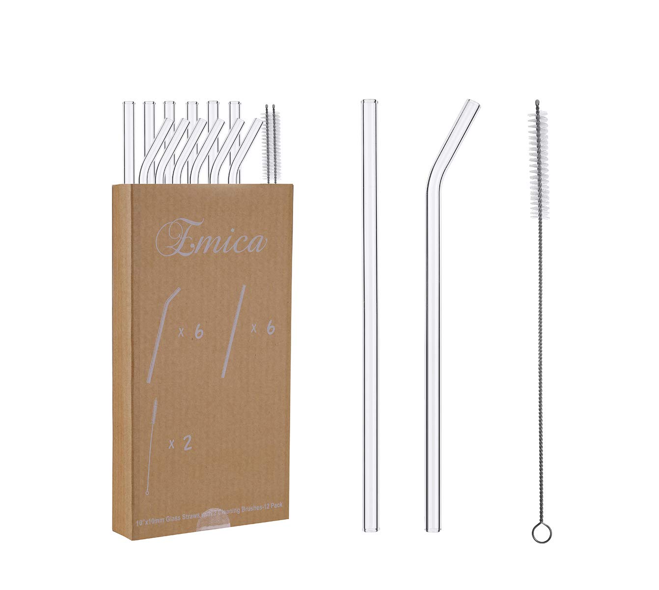 Emica 10"x10mm Long Reusable Glass Straws, Clear Drinking Straws for Smoothie, Milkshakes, Tea, Juice-12 Pack Including 6 Straight and 6 Bent with 2 Cleaning Brush, Perfect for Hot or Cold Drinks