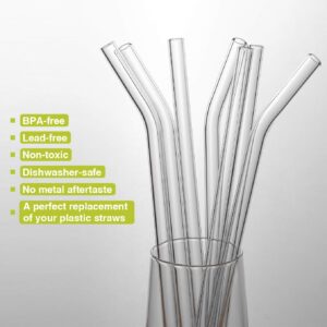 Emica 10"x10mm Long Reusable Glass Straws, Clear Drinking Straws for Smoothie, Milkshakes, Tea, Juice-12 Pack Including 6 Straight and 6 Bent with 2 Cleaning Brush, Perfect for Hot or Cold Drinks