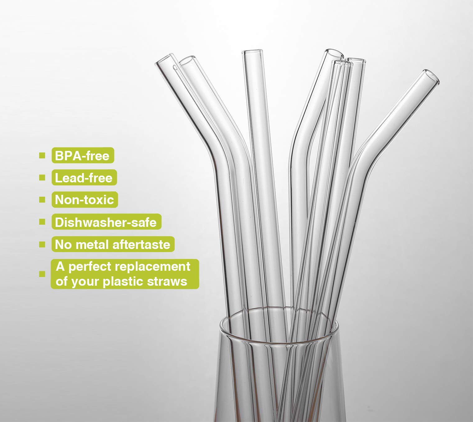 Emica 10"x10mm Long Reusable Glass Straws, Clear Drinking Straws for Smoothie, Milkshakes, Tea, Juice-12 Pack Including 6 Straight and 6 Bent with 2 Cleaning Brush, Perfect for Hot or Cold Drinks