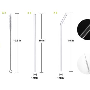 Emica 10"x10mm Long Reusable Glass Straws, Clear Drinking Straws for Smoothie, Milkshakes, Tea, Juice-12 Pack Including 6 Straight and 6 Bent with 2 Cleaning Brush, Perfect for Hot or Cold Drinks