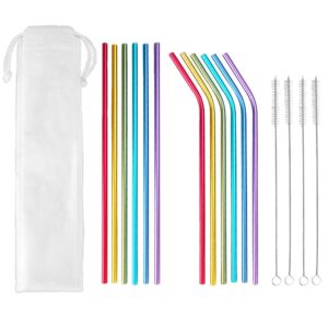 12 pcs reusable metal straws, drinking straws, aluminum straws, smoothies straws, rainbow colorful straws for party, included cleaning brushes