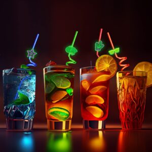 Gerrii 24 Pcs Glow in the Dark Party Favors Crazy Straw with 24 Luminous Toppers Reusable Twisty Straws Plastic Swirly Straws for Kids Neon Party Supplies Theme Birthday Drinking Decorations, 8 Styles