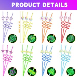 Gerrii 24 Pcs Glow in the Dark Party Favors Crazy Straw with 24 Luminous Toppers Reusable Twisty Straws Plastic Swirly Straws for Kids Neon Party Supplies Theme Birthday Drinking Decorations, 8 Styles