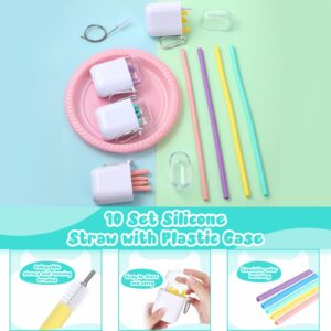 Mumufy 10 Set Silicone Travel Straws with Case Reusable Straws Foldable Drinking Straw Collapsible Portable Straw Set for Party Cold or Hot Straw with 10 Carry Cases 10 Cleaning Brushes 8.66 Inch Long