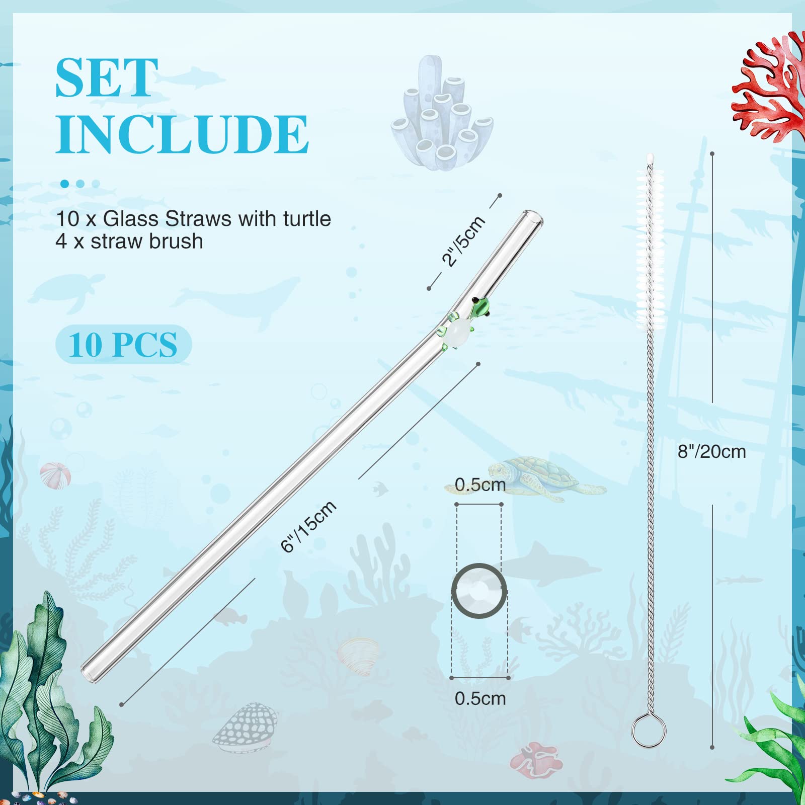 10 Pcs Reusable Glass Straw with Turtle Clear Straws 7.9'' x 8 mm Cute Turtle Bent Straw with Design Shatter Resistant Drinking Straws 4 Cleaning Brushes for Beverages Smoothies Cocktails, 3 Styles