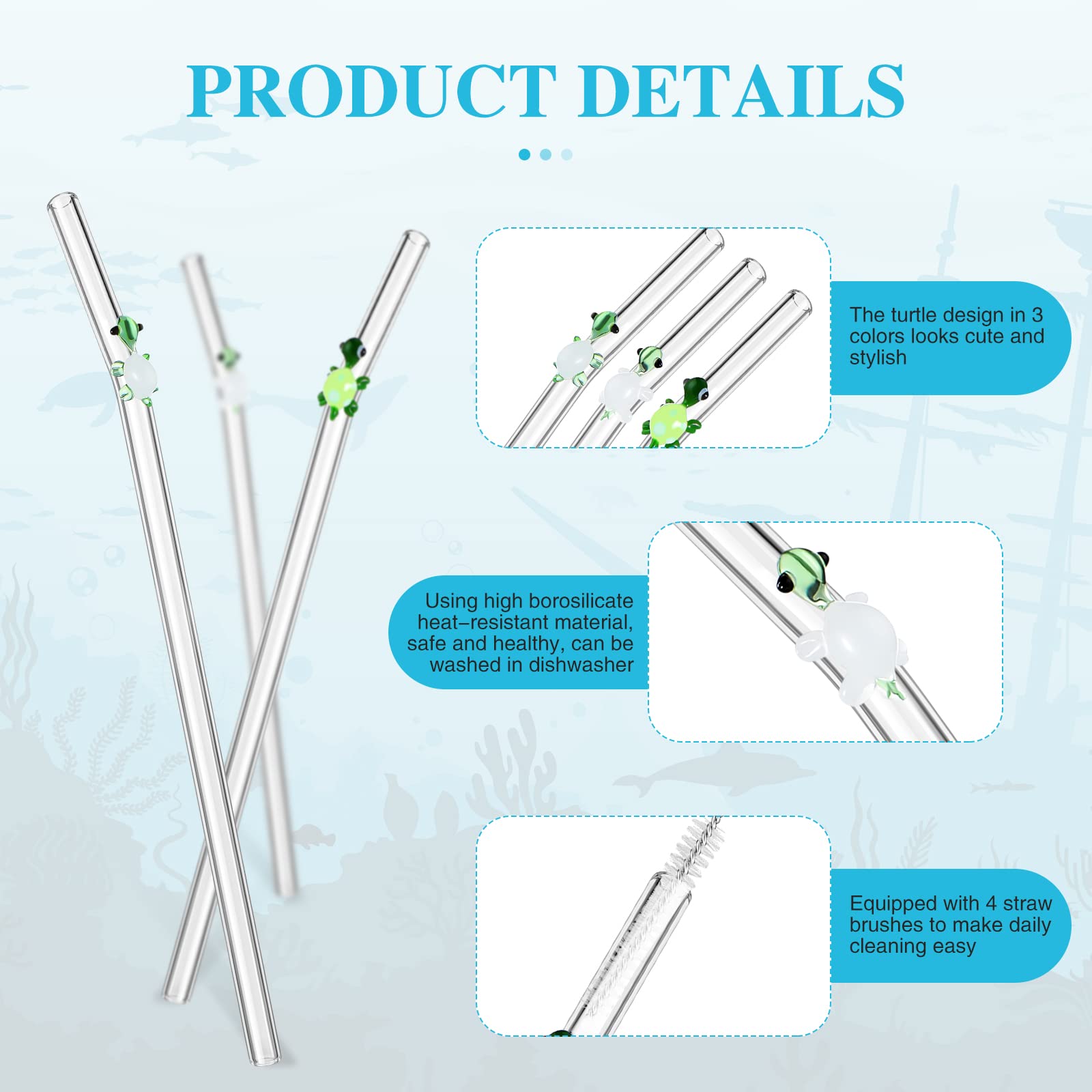 10 Pcs Reusable Glass Straw with Turtle Clear Straws 7.9'' x 8 mm Cute Turtle Bent Straw with Design Shatter Resistant Drinking Straws 4 Cleaning Brushes for Beverages Smoothies Cocktails, 3 Styles