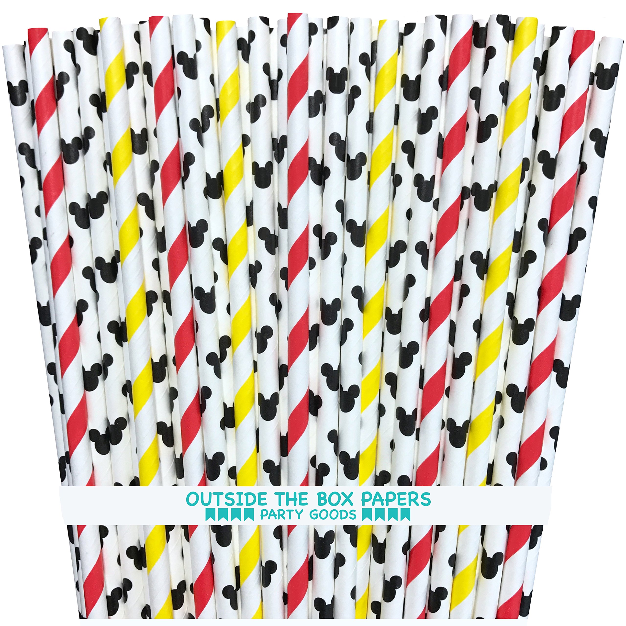 Mickey Mouse Inspired and Stripe Paper Straws - Red Black Yellow White - 100 Pack - Outside the Box Papers Brand