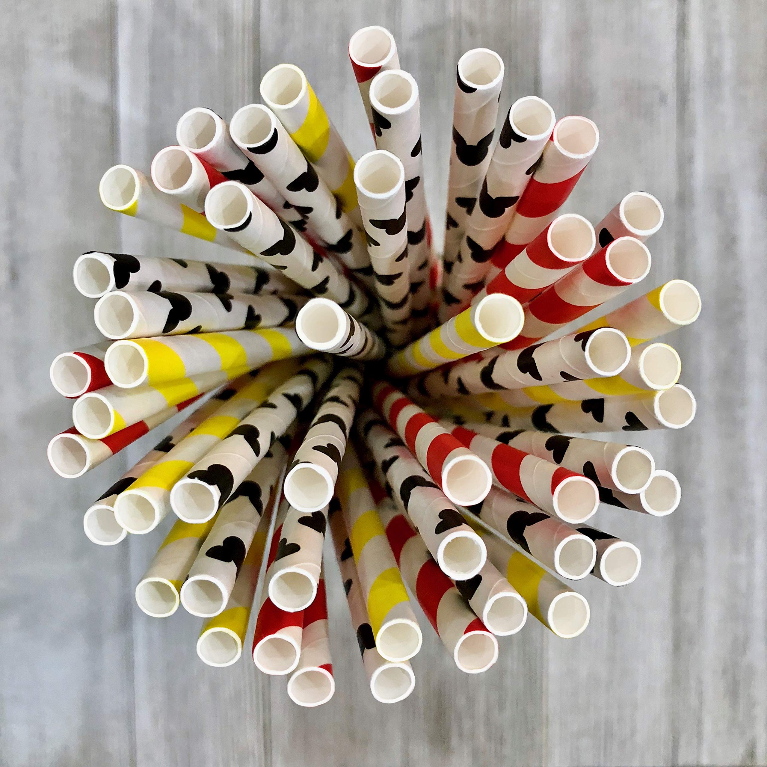 Mickey Mouse Inspired and Stripe Paper Straws - Red Black Yellow White - 100 Pack - Outside the Box Papers Brand