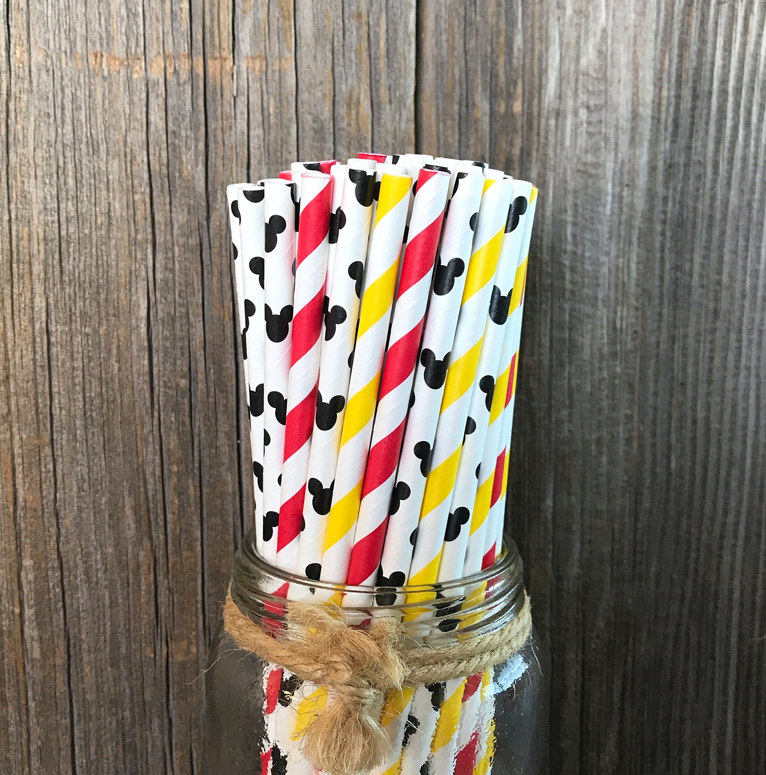 Mickey Mouse Inspired and Stripe Paper Straws - Red Black Yellow White - 100 Pack - Outside the Box Papers Brand