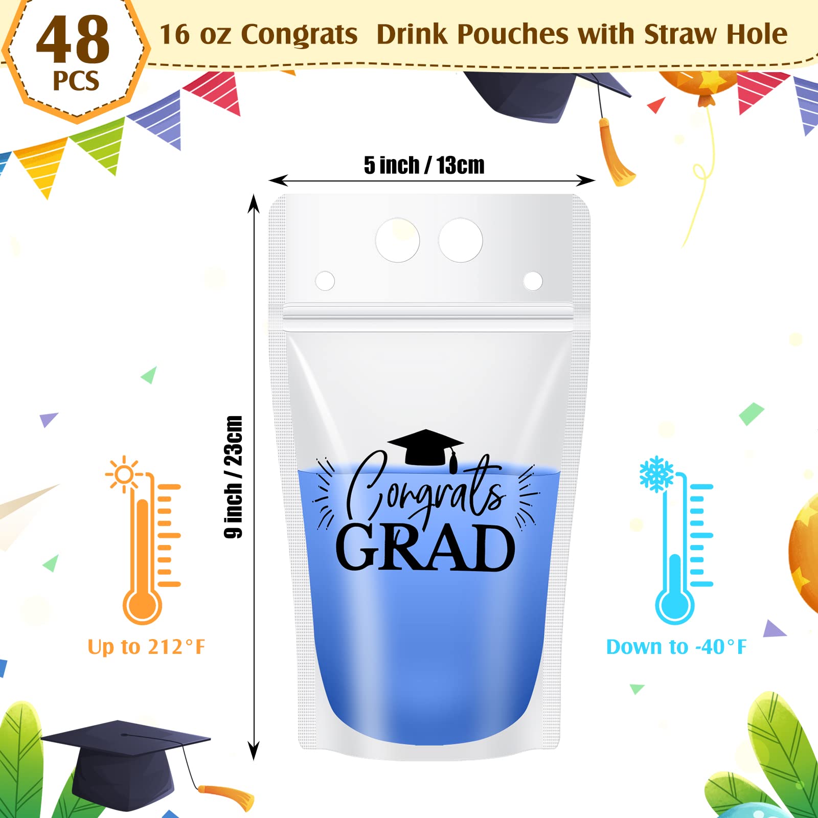 Lallisa Graduation Party Supply Drink Pouches for Adults with Straws Plastic Smoothie Bags Translucent Reclosable Beverage Juice Milk Tea Coffee Pouches for Adults Student School(48 Pcs)