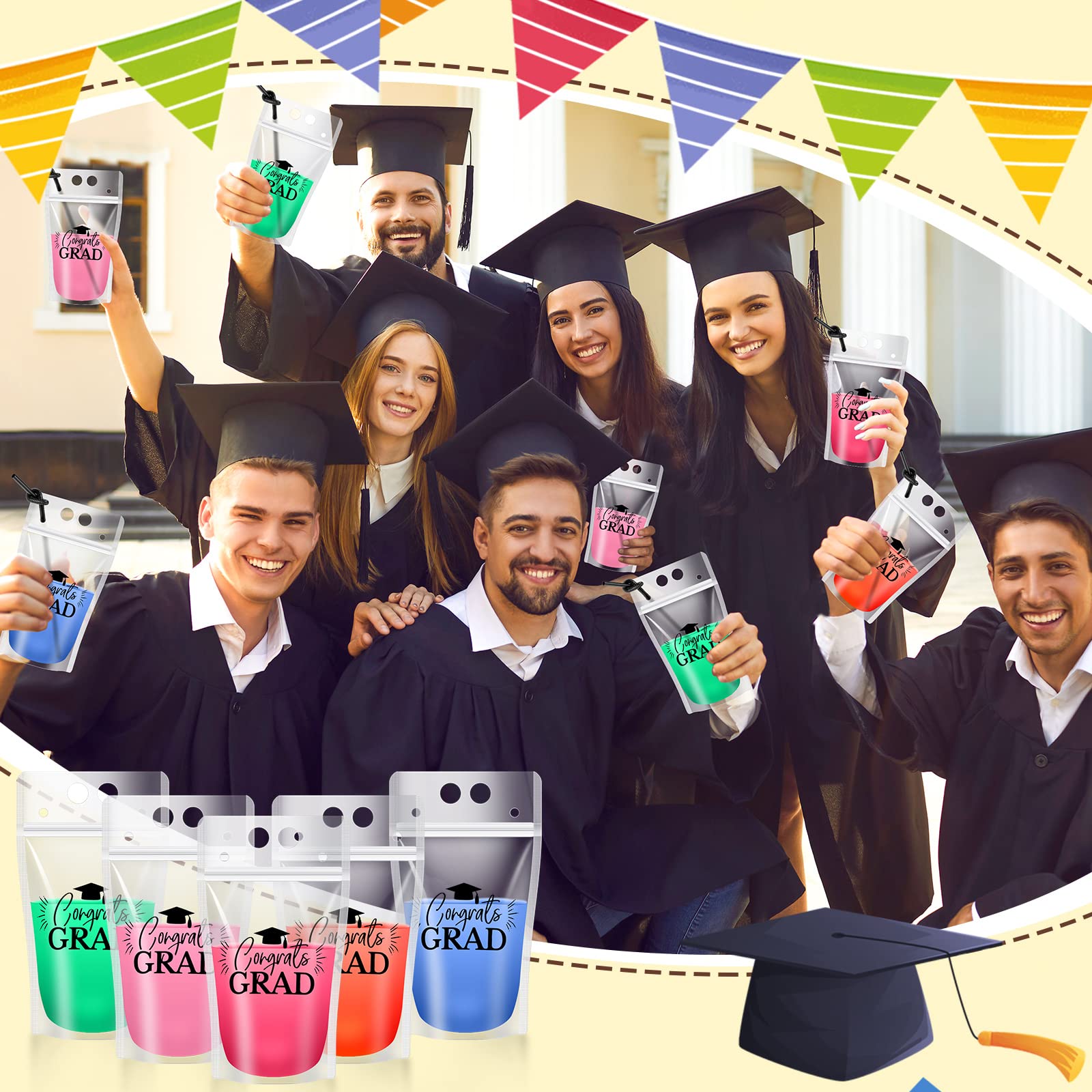 Lallisa Graduation Party Supply Drink Pouches for Adults with Straws Plastic Smoothie Bags Translucent Reclosable Beverage Juice Milk Tea Coffee Pouches for Adults Student School(48 Pcs)