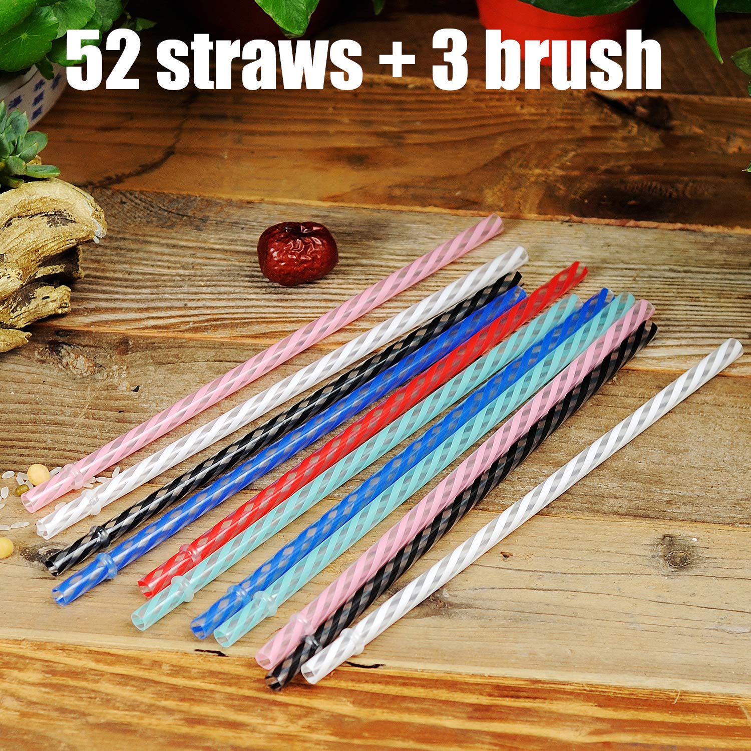 ALINK 55-Pack Reusable Hard Plastic Straws, 10.5 in Long Colored Replacement Tumbler Straws with Cleaning Brush