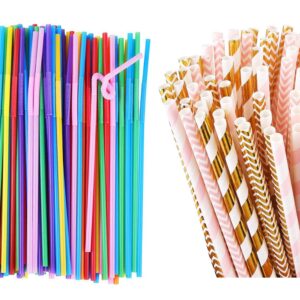 ALINK 200 Colorful Flexible Straws + 100 Gold Pink Paper Straws