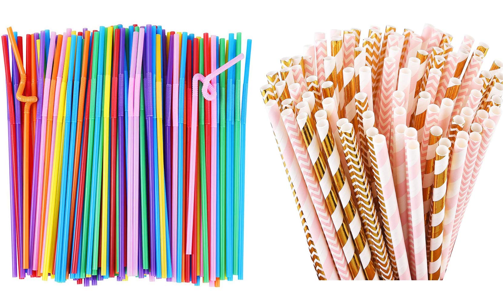 ALINK 200 Colorful Flexible Straws + 100 Gold Pink Paper Straws