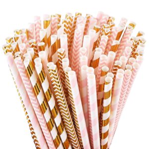 ALINK 200 Colorful Flexible Straws + 100 Gold Pink Paper Straws