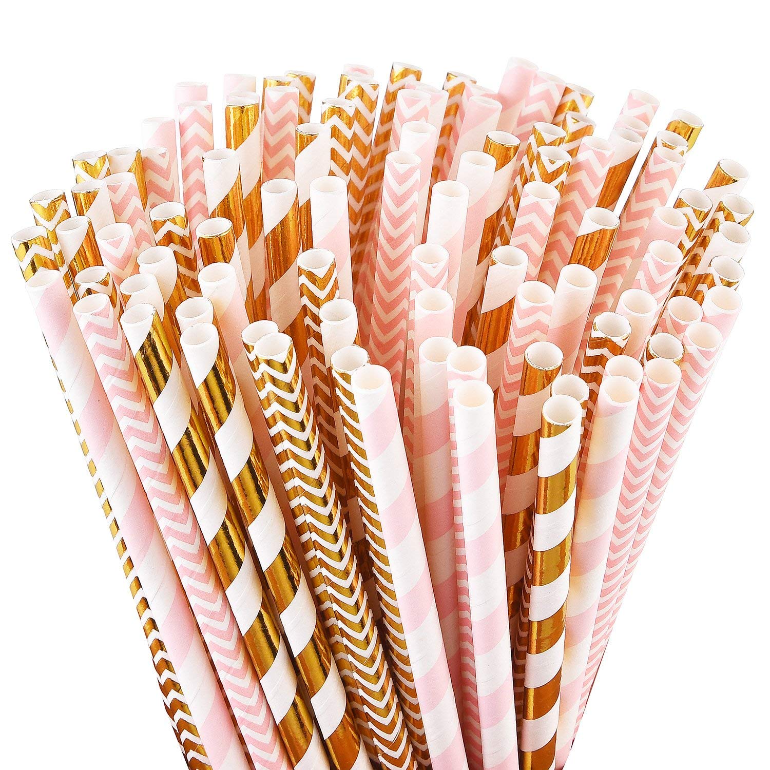 ALINK 200 Colorful Flexible Straws + 100 Gold Pink Paper Straws