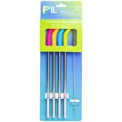 f'il 4 stainless steel straws with silicone flex tips and a cleaning brush