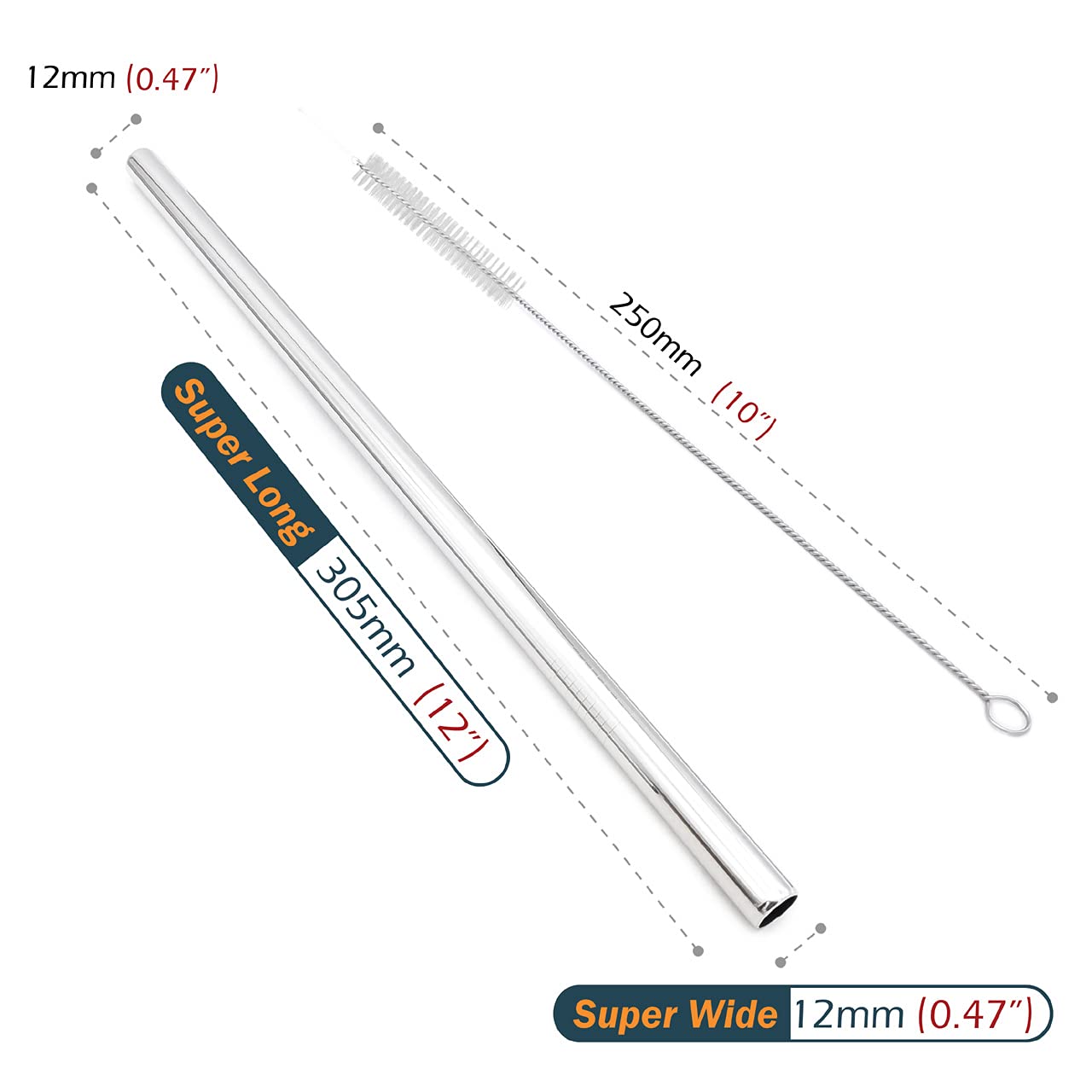 Super Big Drinking Straws Set 12" Extra Long 1/2" Extra Wide Reusable 304 Food-Grade 18/8 Stainless Steel for Frozen Drinks Boba Bubble Tea Smoothies and Shakes - Set of 2 with 2 Cleaning Brushes