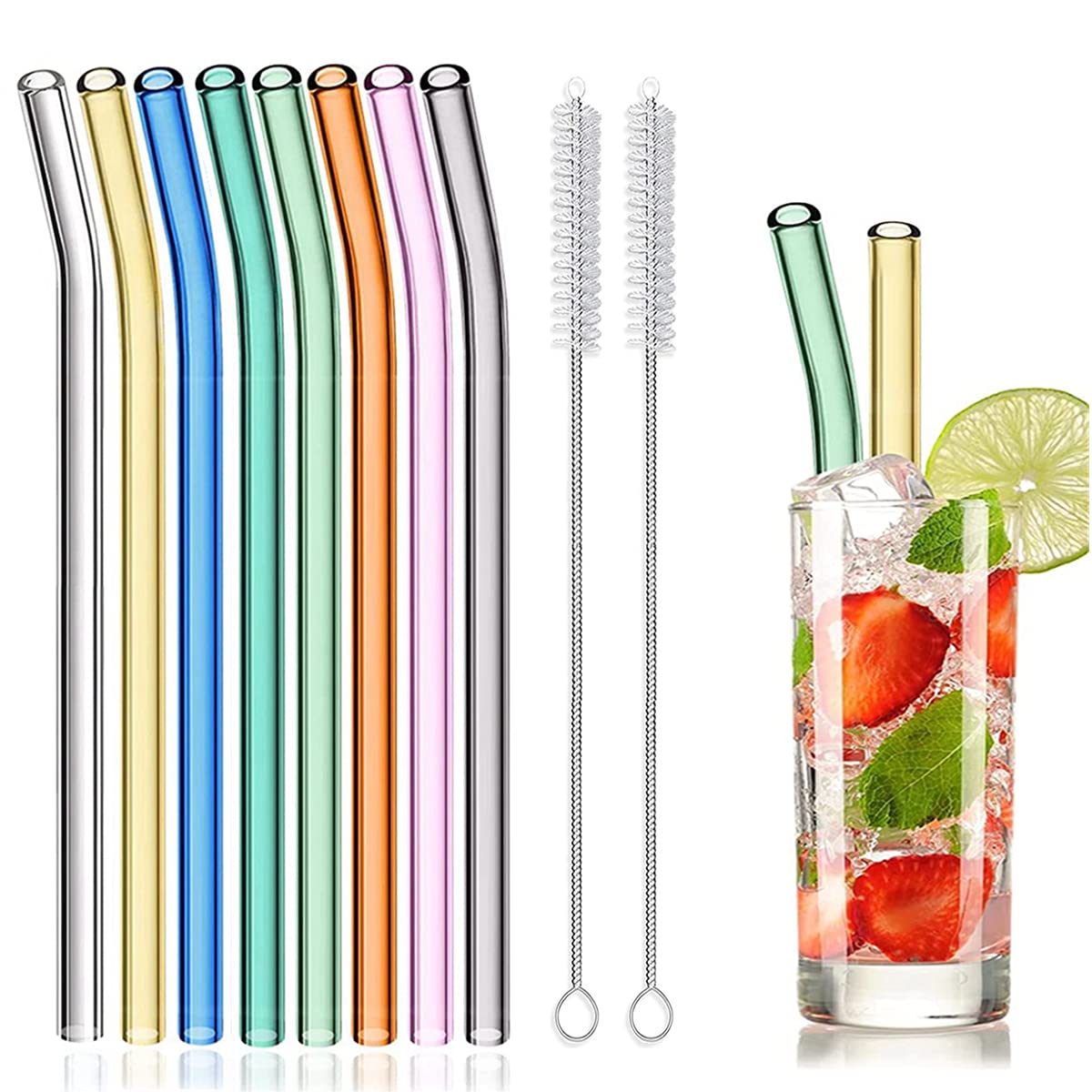 8 Pcs Reusable Glass Straws, 8"x8mm Eco-friendly Drinking Straws for Smoothie, Milkshakes, Tea, Juice, Cocktail Straws, Multi-Color Mixed (8Pcs Bent)