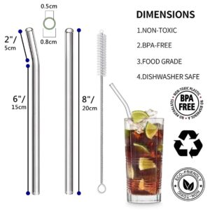 8 Pcs Reusable Glass Straws, 8"x8mm Eco-friendly Drinking Straws for Smoothie, Milkshakes, Tea, Juice, Cocktail Straws, Multi-Color Mixed (8Pcs Bent)