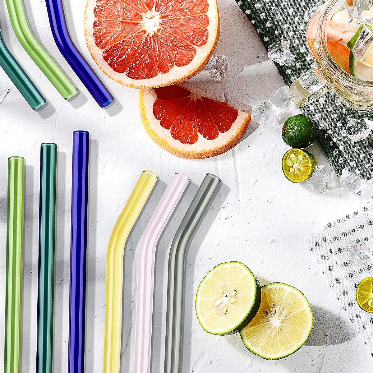 8 Pcs Reusable Glass Straws, 8"x8mm Eco-friendly Drinking Straws for Smoothie, Milkshakes, Tea, Juice, Cocktail Straws, Multi-Color Mixed (8Pcs Bent)