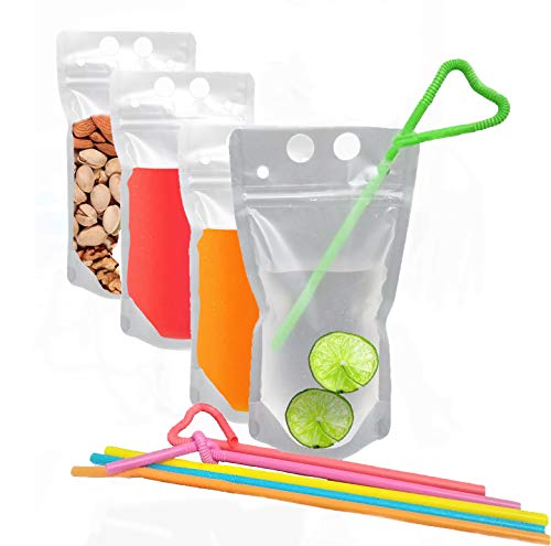 Drink Pouches Bag with Straws 20 Pack 17oz Plastic container Reclosable Zipper Hand-held Heavy Duty Ice Drinking Juice Pouches Bags