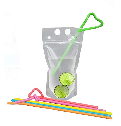 Drink Pouches Bag with Straws 20 Pack 17oz Plastic container Reclosable Zipper Hand-held Heavy Duty Ice Drinking Juice Pouches Bags