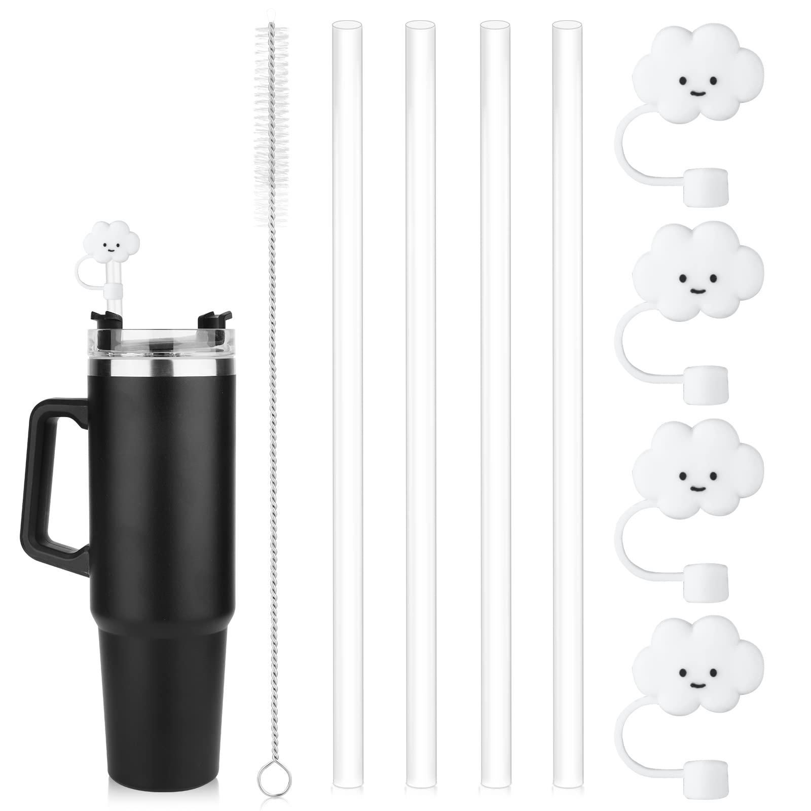 4pcs 11.8inch Replacement Straws for Stanley Adventure Travel Tumbler 40oz, Plastic Replacement Straw with Cleaning Brush and Reusable 0.4inch Cloud Straw Tip Covers for Stanley 40oz Water Jugs