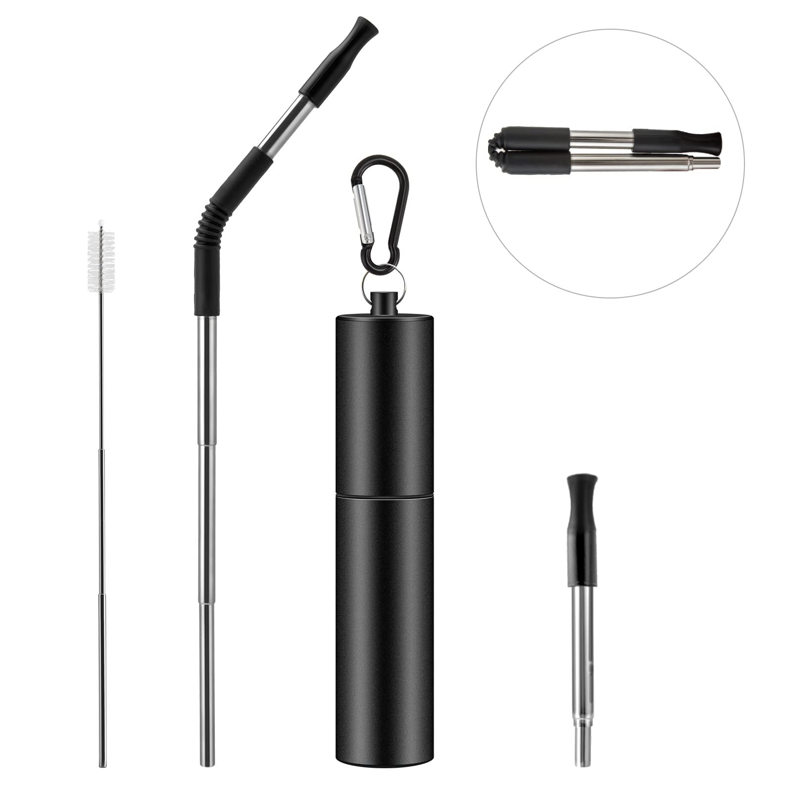 Portable reusable straws with soft silicone nozzle, retractable and collapsible stainless steel drinking straw with metal case and cleaning brush, suitable for travel-Black