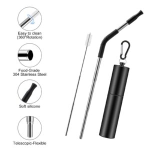 Portable reusable straws with soft silicone nozzle, retractable and collapsible stainless steel drinking straw with metal case and cleaning brush, suitable for travel-Black