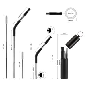 Portable reusable straws with soft silicone nozzle, retractable and collapsible stainless steel drinking straw with metal case and cleaning brush, suitable for travel-Black