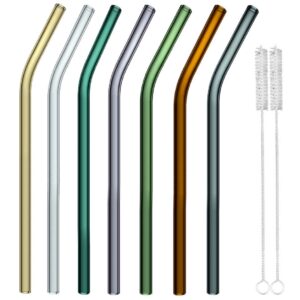 colored reusable glass straws, 8.7" x 8 mm healthy straw for beverages tea coffee, eco friendly - bpa free, pack of 7 with 2 cleaning brush