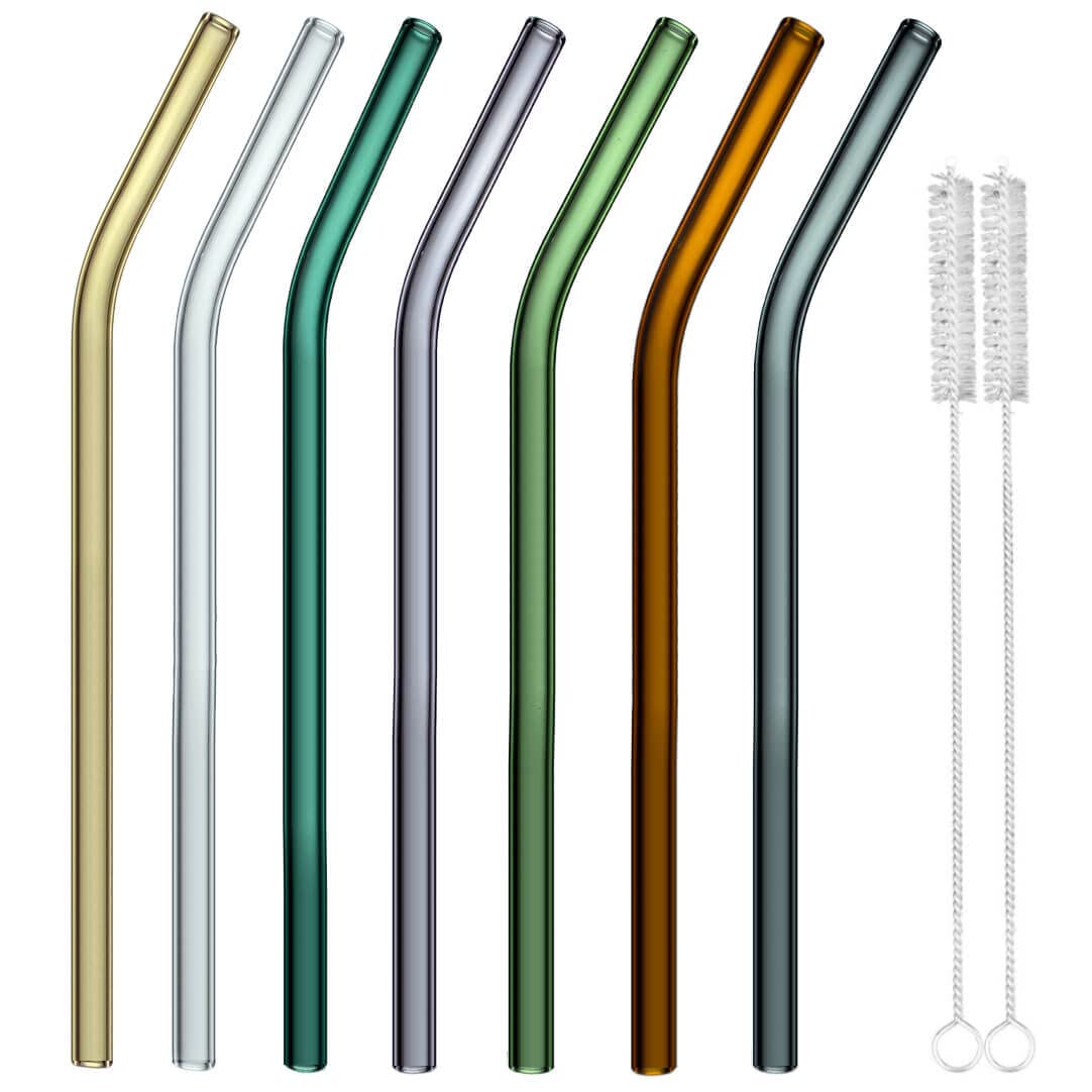 Colored Reusable Glass Straws, 8.7" x 8 mm Healthy Straw for Beverages Tea Coffee, ECO Friendly - BPA Free, Pack of 7 with 2 Cleaning Brush