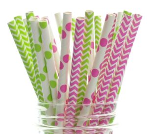 watermelon straws, summer hot pink & green party supplies - 25 pack - garden wedding supplies, vintage assorted color polka dot & chevron striped fruit watermelon birthday straws