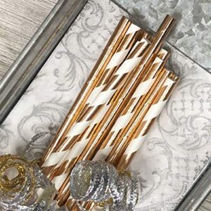 Rose Gold Solid and Stripe Foil Paper Straws - 7.75 Inches - 50 Pack - Outside the Box Papers Brand